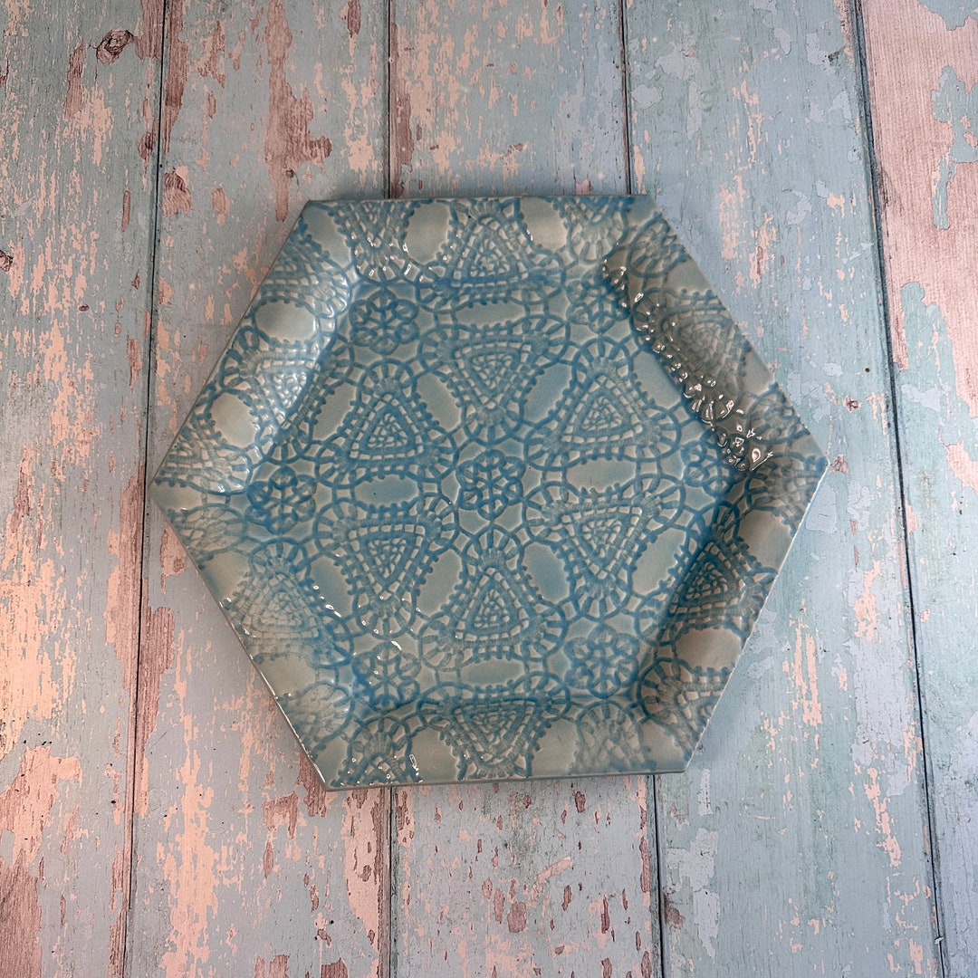 Large Blue Hexagon Platter, Round Ceramic Plate - Etsy