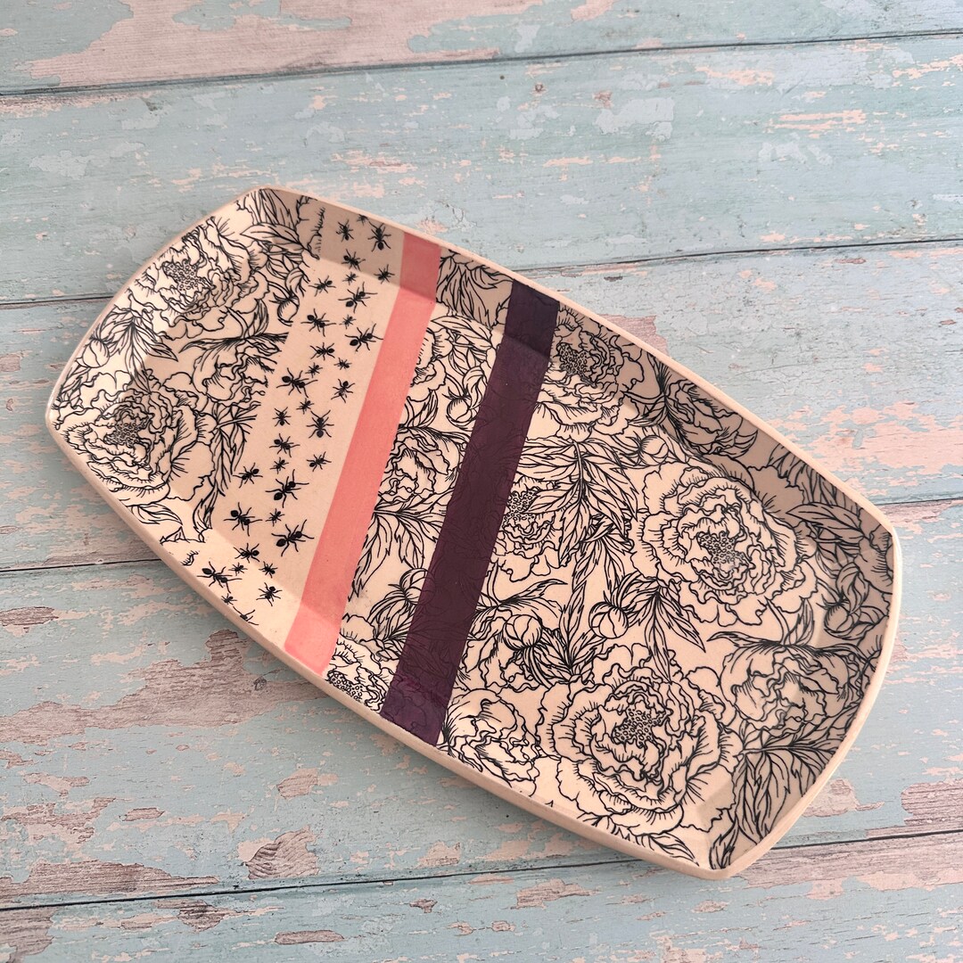 Peony and Ant Platter, Pink and Purple Large Handmade Rectangle Ceramic ...