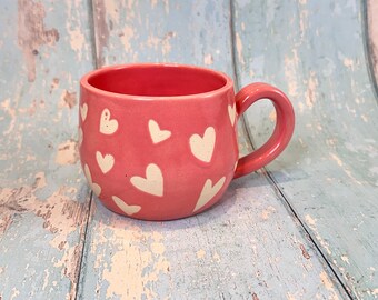 Ceramic Pink Heart Mug With Plate, Porcelain Cup, Handmade Coffee Tea ...