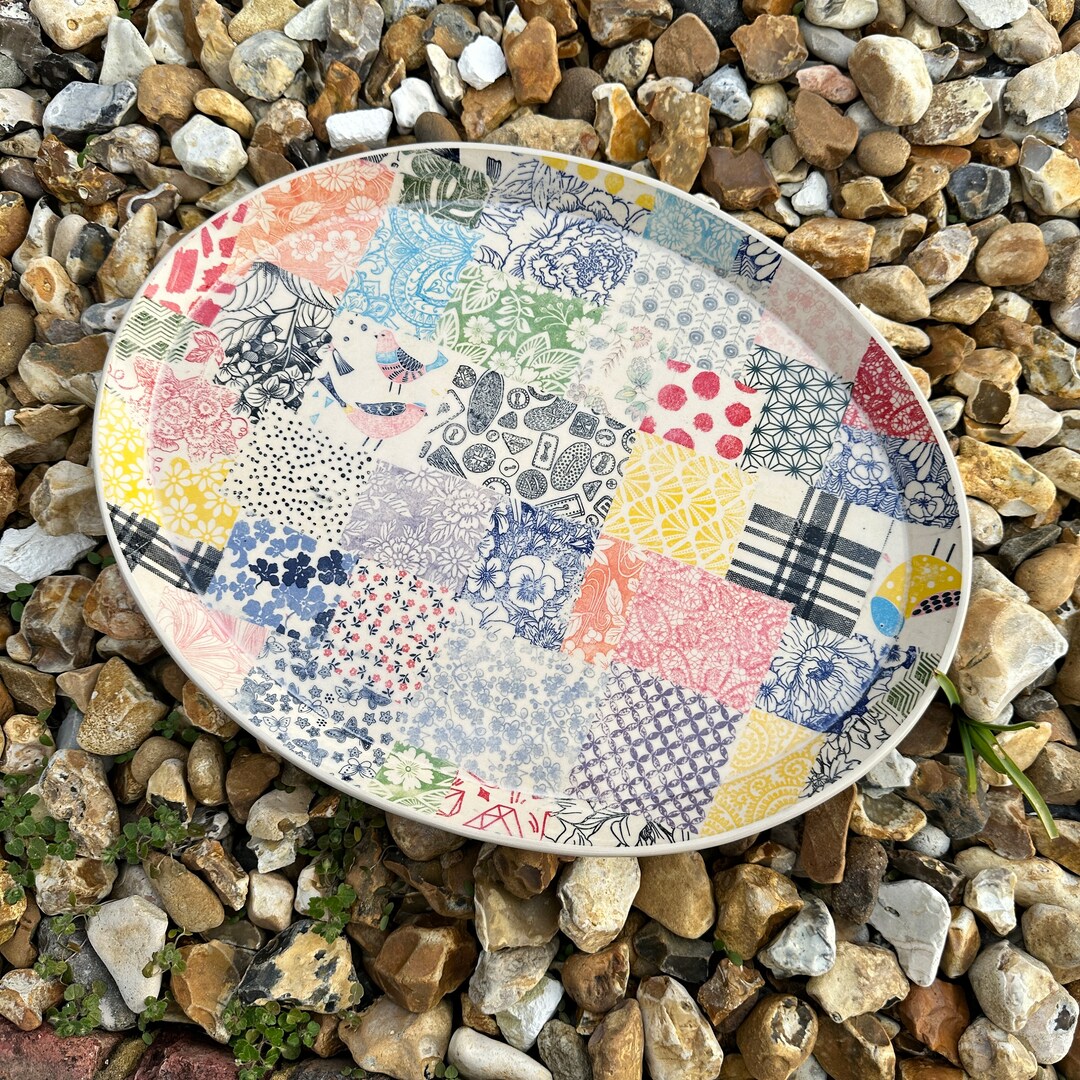 Large Patchwork Platter, Oval Ceramic Plate - Etsy