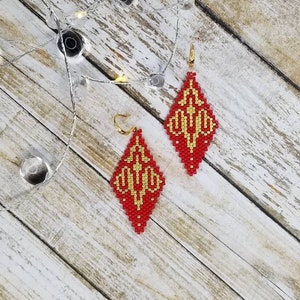 Diamond Shaped Seed Bead Earrings in Red Gold Red Seed Bead - Etsy