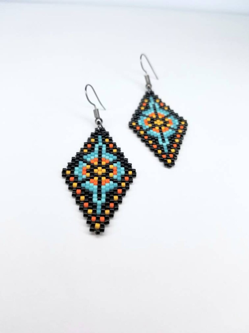 Diamond Shaped Beaded Earrings, Native American Bead Drop Earrings ...