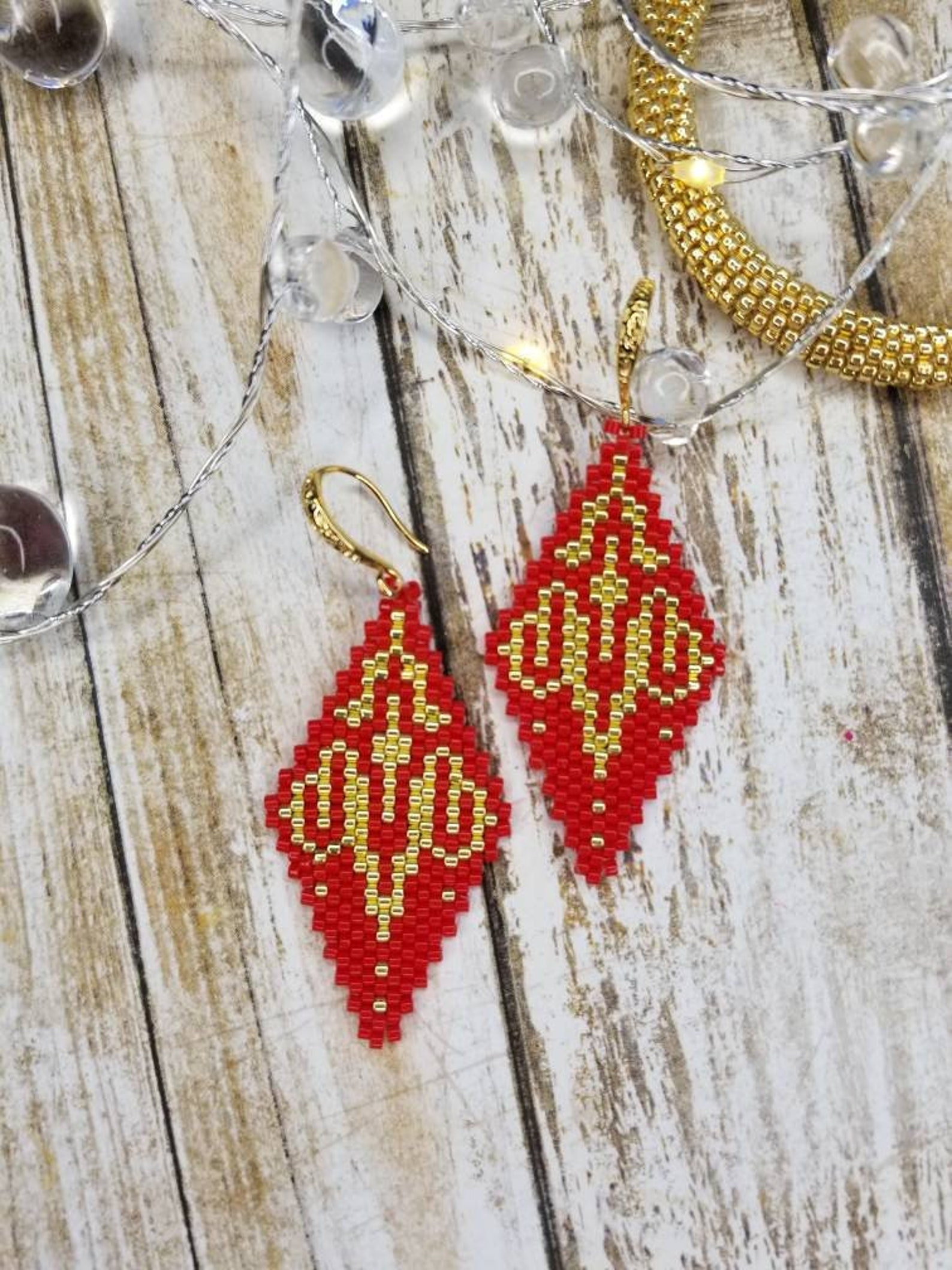Diamond Shaped Seed Bead Earrings in Red Gold Red Seed Bead - Etsy
