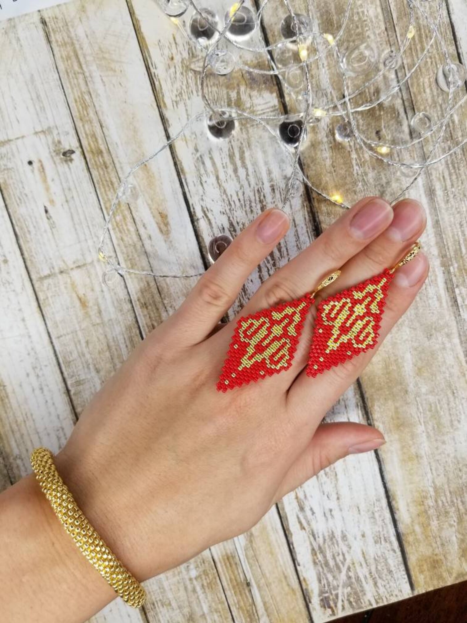 Diamond Shaped Seed Bead Earrings in Red Gold Red Seed Bead - Etsy