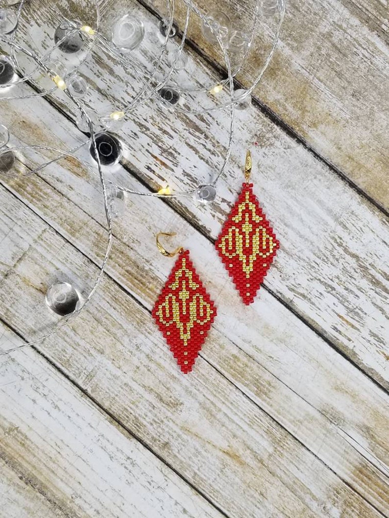Diamond Shaped Seed Bead Earrings in Red Gold Red Seed Bead - Etsy