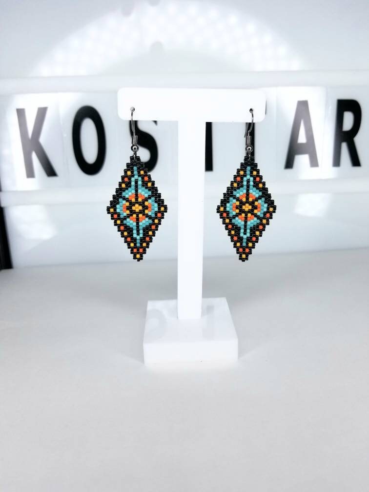 Diamond Shaped Beaded Earrings, Native American Bead Drop Earrings ...