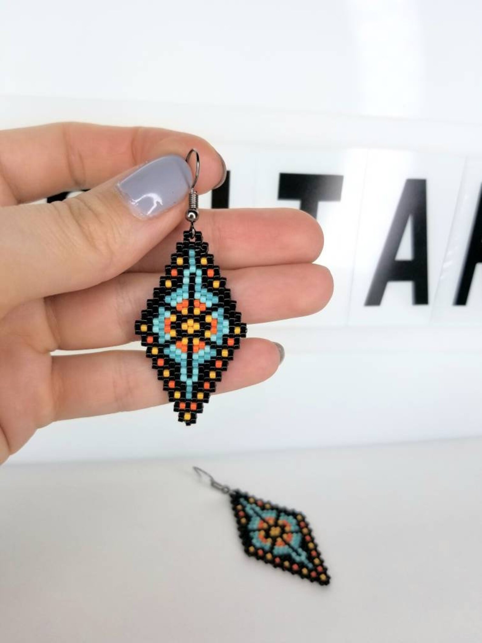 Diamond Shaped Beaded Earrings, Native American Bead Drop Earrings ...