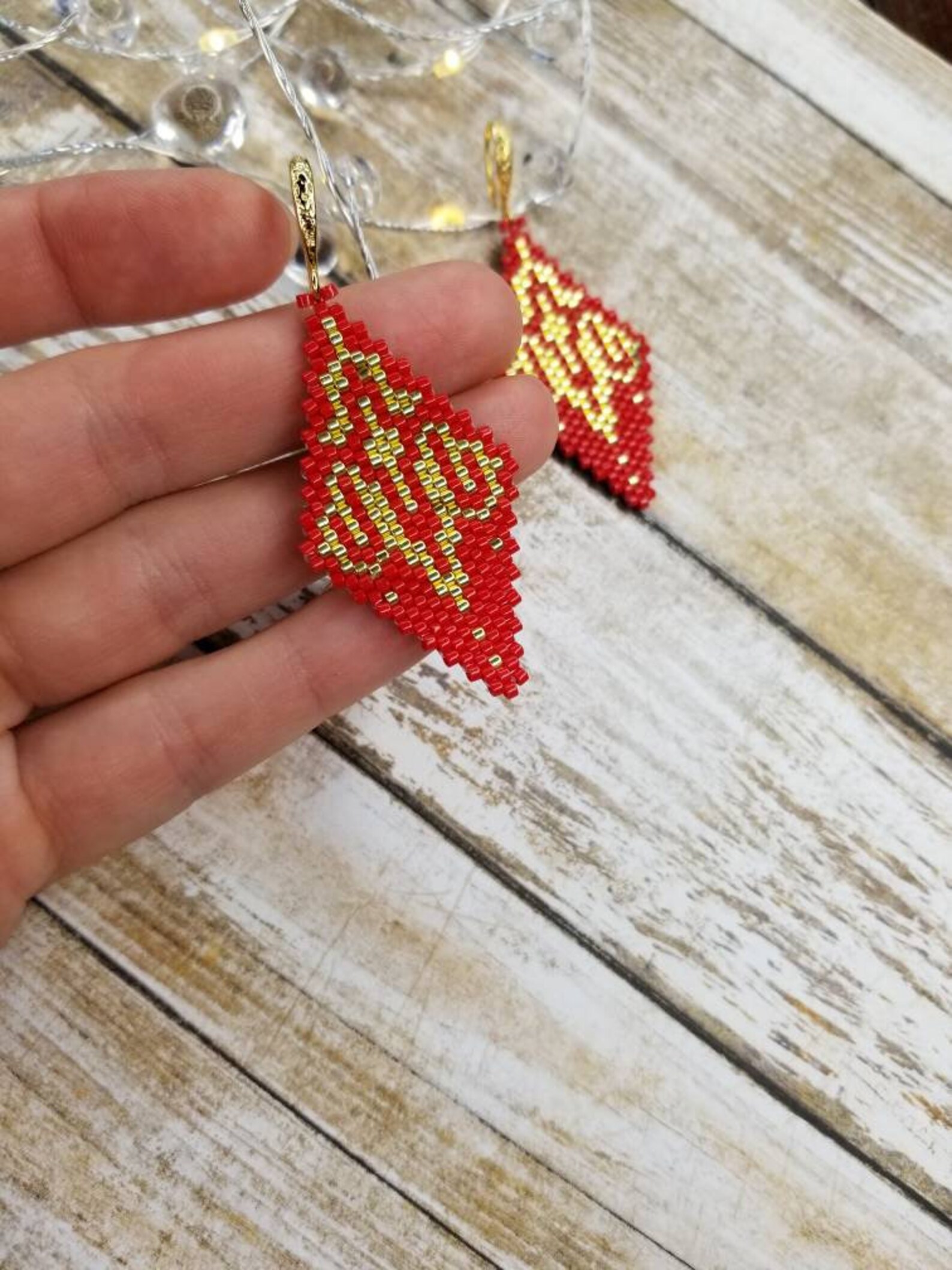 Diamond Shaped Seed Bead Earrings in Red Gold Red Seed Bead - Etsy