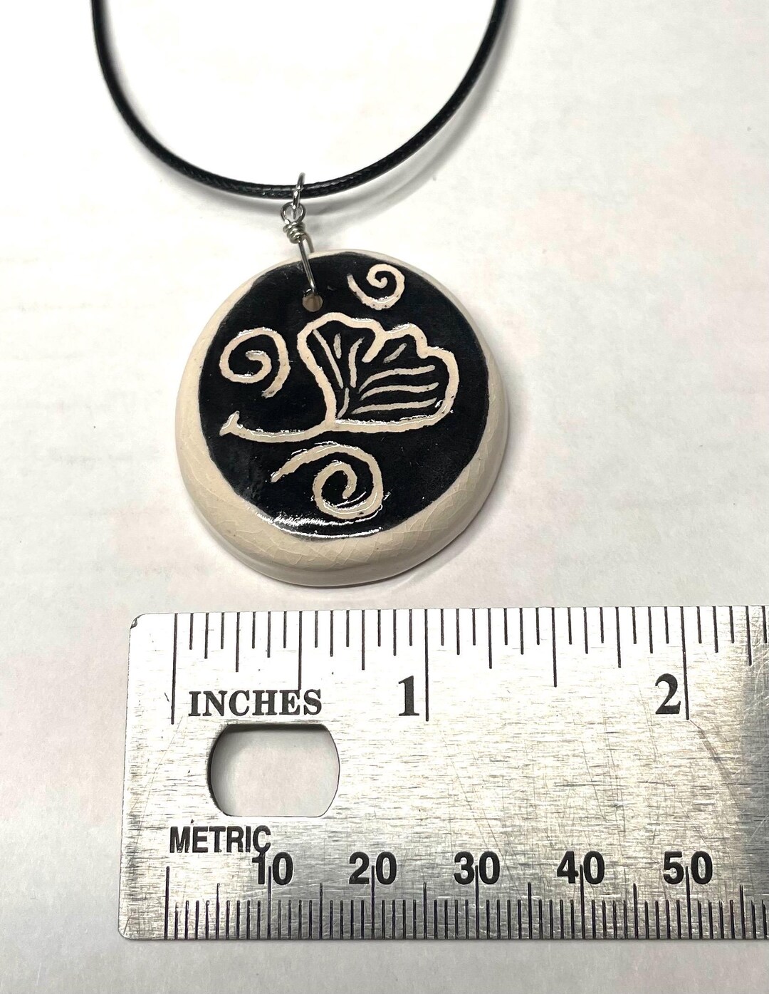 White W/ Black Leaf & Swirls Ceramic Tile Dangle Necklace | Handmade ...
