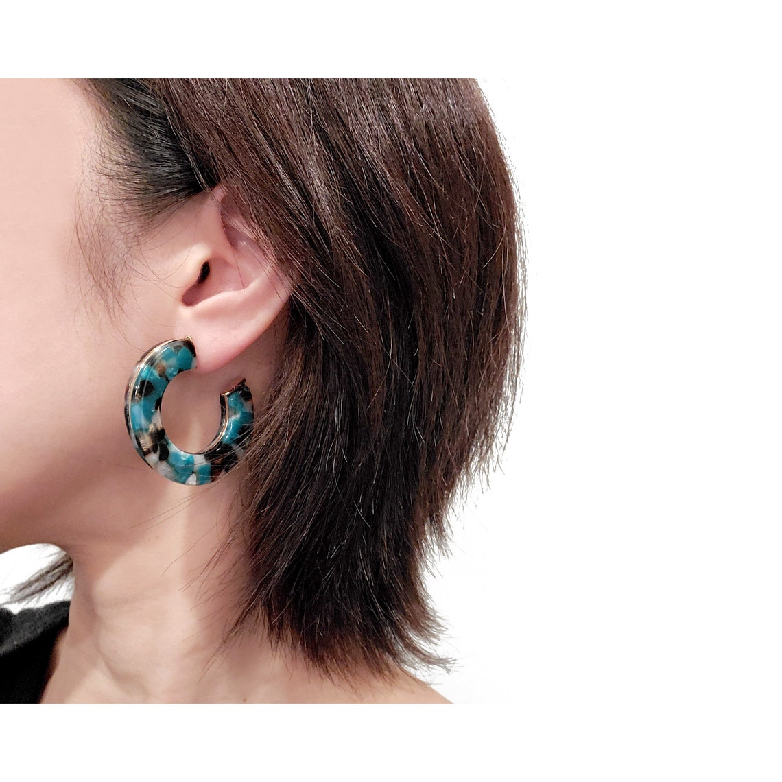 Teal Acetate Hoop Earrings: Tortoise Shell Resin, Gold Accent - Etsy