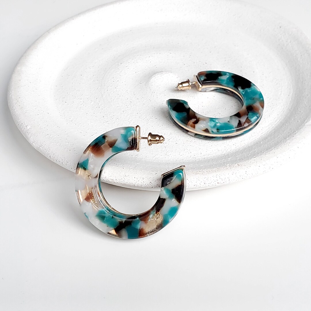 Teal Acetate Hoop Earrings: Tortoise Shell Resin, Gold Accent - Etsy