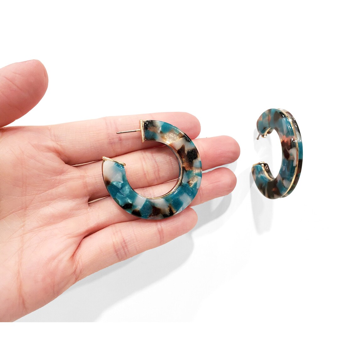 Teal Acetate Hoop Earrings: Tortoise Shell Resin, Gold Accent - Etsy