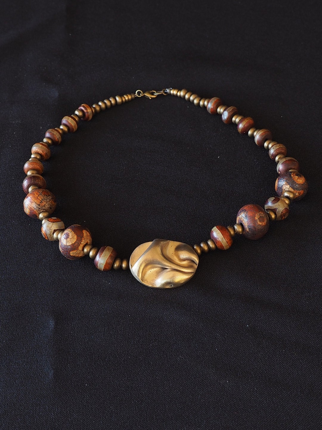 Bronze PMC Pendant Necklace, Mottled Stone & African Beads - Etsy