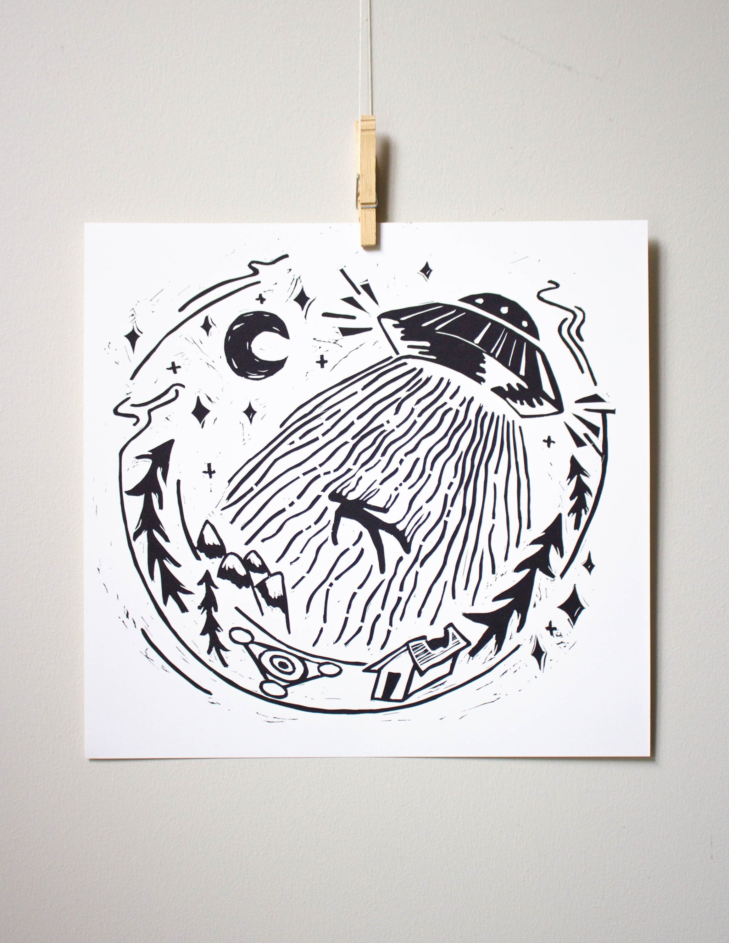 Alien Abduction, UFO, Linocut Print - Etsy