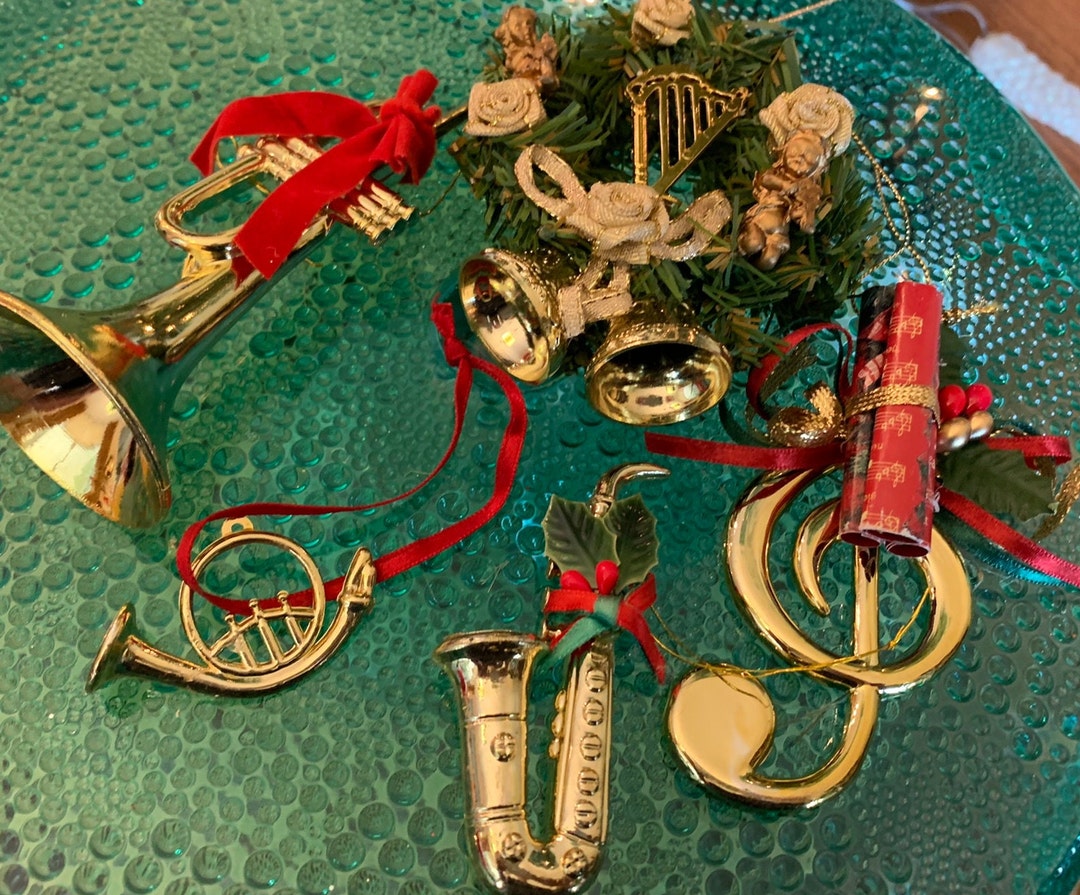 Five Vintage Tree Ornament Instruments and Mini Wreath With Angels/harp ...