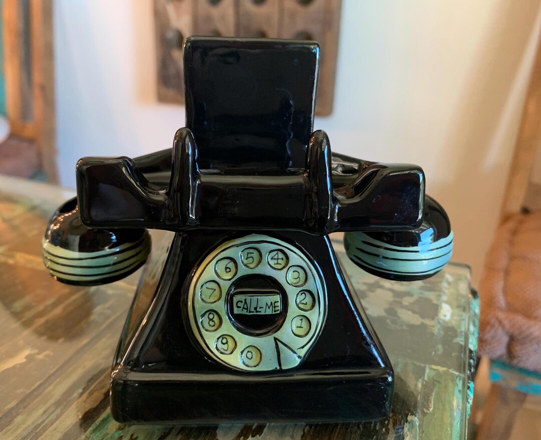 2004 Black Rotary Telephone Ceramic Desk Organizer Pad & Pen Holder ...