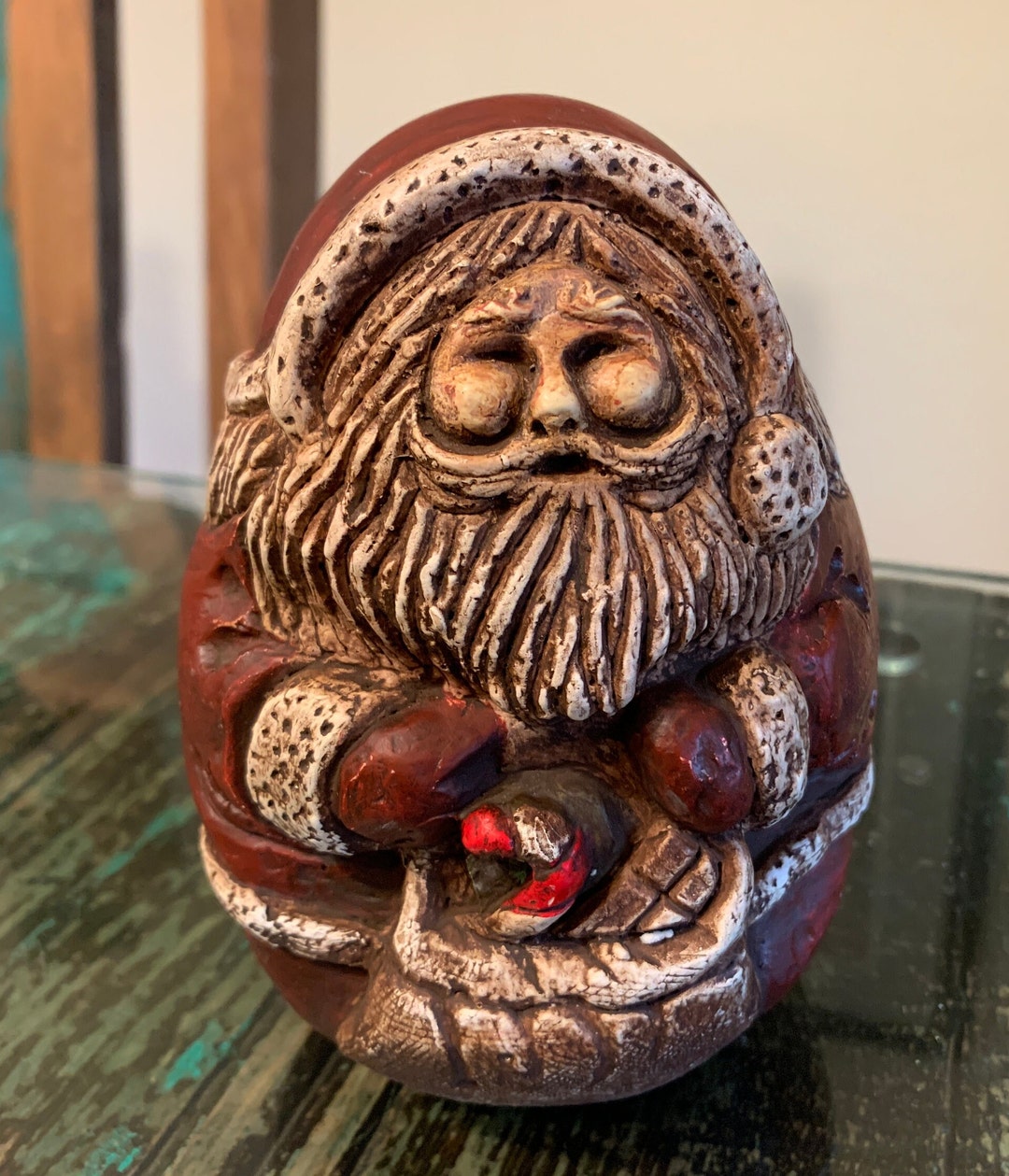 Folk Art Wood Carved Roly Poly Santa/carved Hollow Egg Shape - Etsy