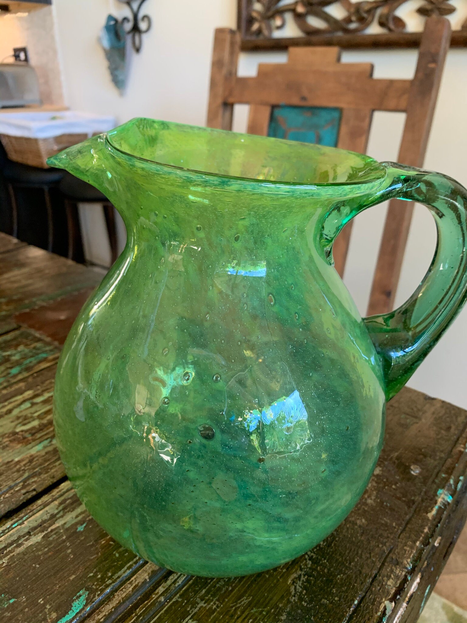 Handblown 4 quart Lime Green Glass Jug/Bubble Glass Pitcher | Etsy