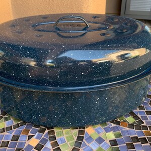 Vintage Enamel Graniteware Blue Roasting Pan With Lid/vintage - Etsy