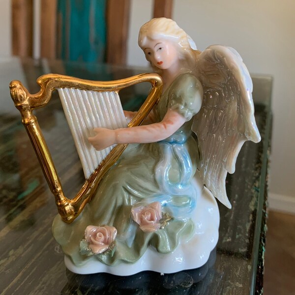 Angel Harp Figurine - Etsy