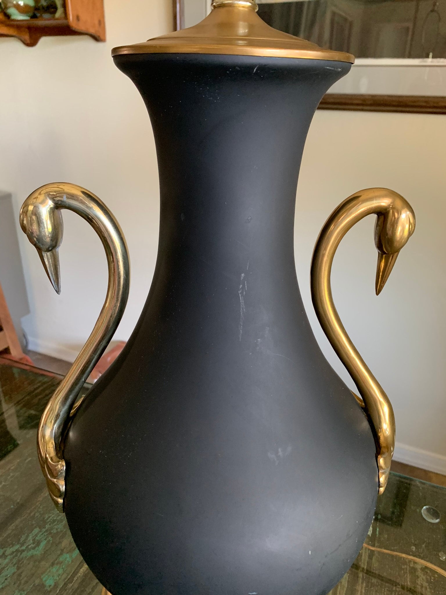 Black Swan Urn Lamp/vintage Matt Black Glass Lamp/brass Swans as ...