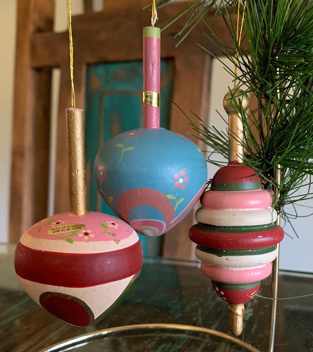 Three Handpainted Wooden Spin Top Tree Ornaments - Etsy