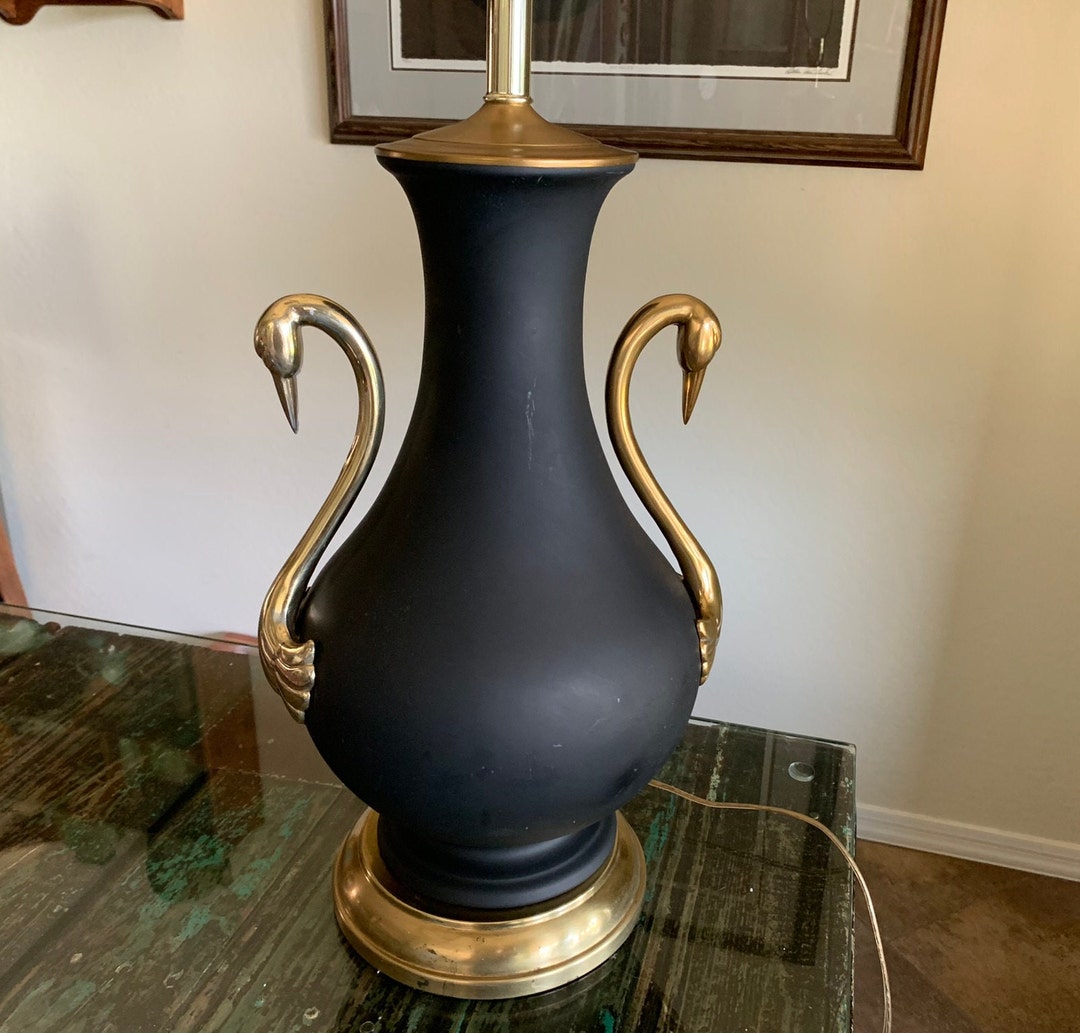 Black Swan Urn Lamp/vintage Matt Black Glass Lamp/brass Swans as ...