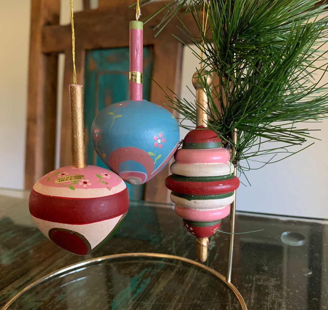 Three Handpainted Wooden Spin Top Tree Ornaments - Etsy