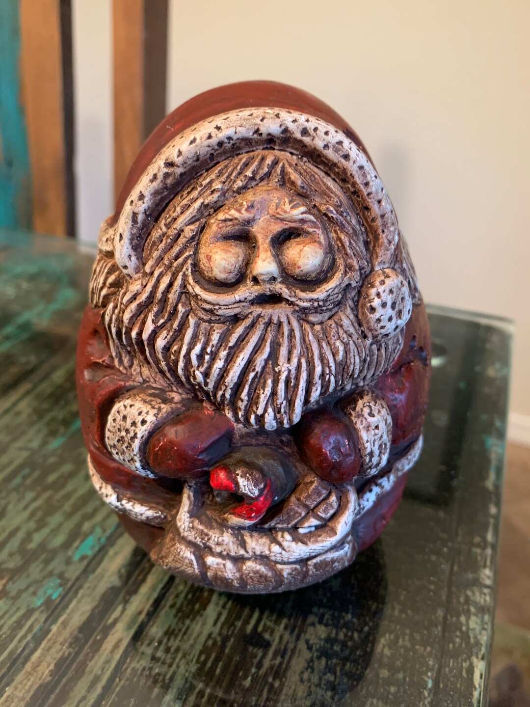Folk Art Wood Carved Roly Poly Santa/carved Hollow Egg Shape Roly Poly ...
