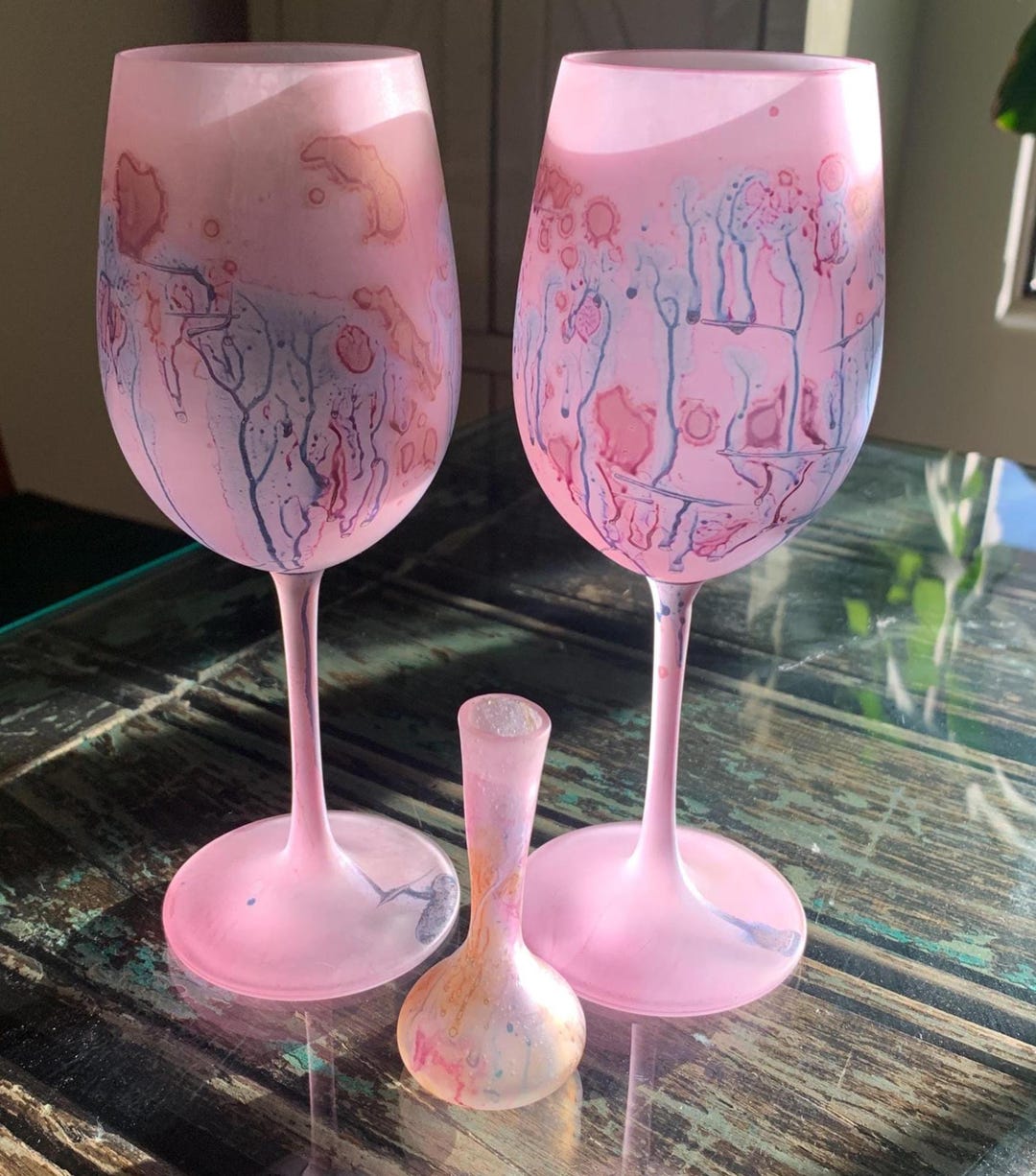 Reuven-style Frosted Pink Art Glass Goblets & Bud Vase – Hand Painted ...