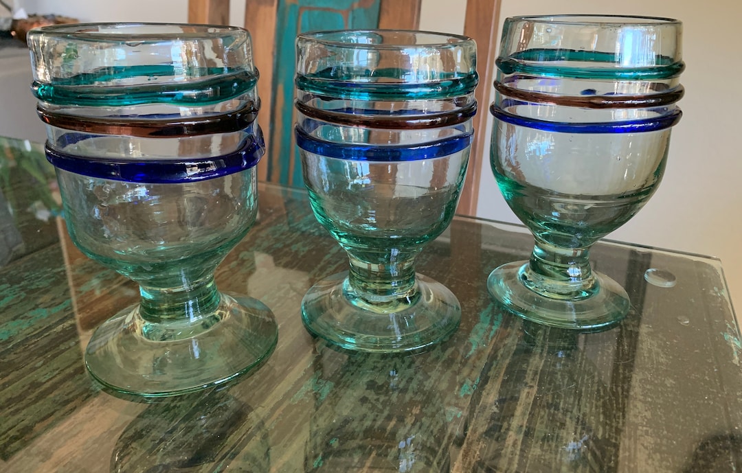 Three Handblown Mexican Glass Spiral Goblets/footed Glass Tumblers - Etsy