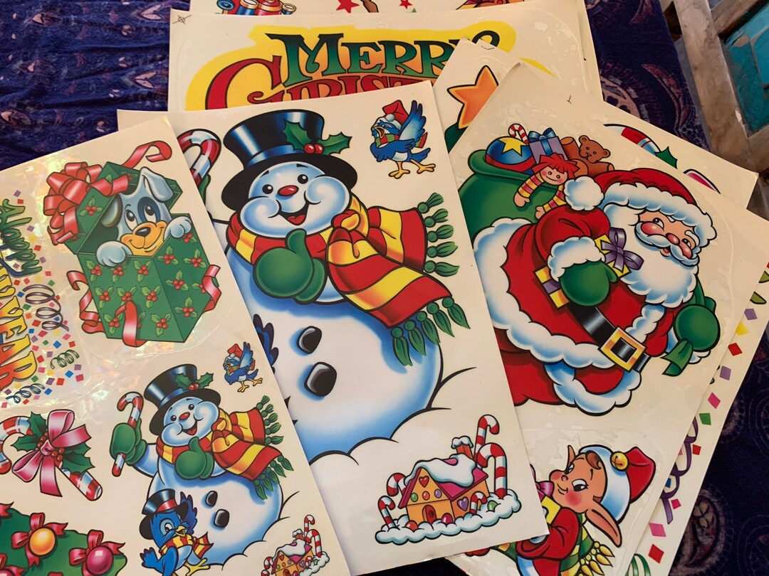 VTG Christmas Static Cling 9 Sheets of Vinyl Window Decorations Winter ...