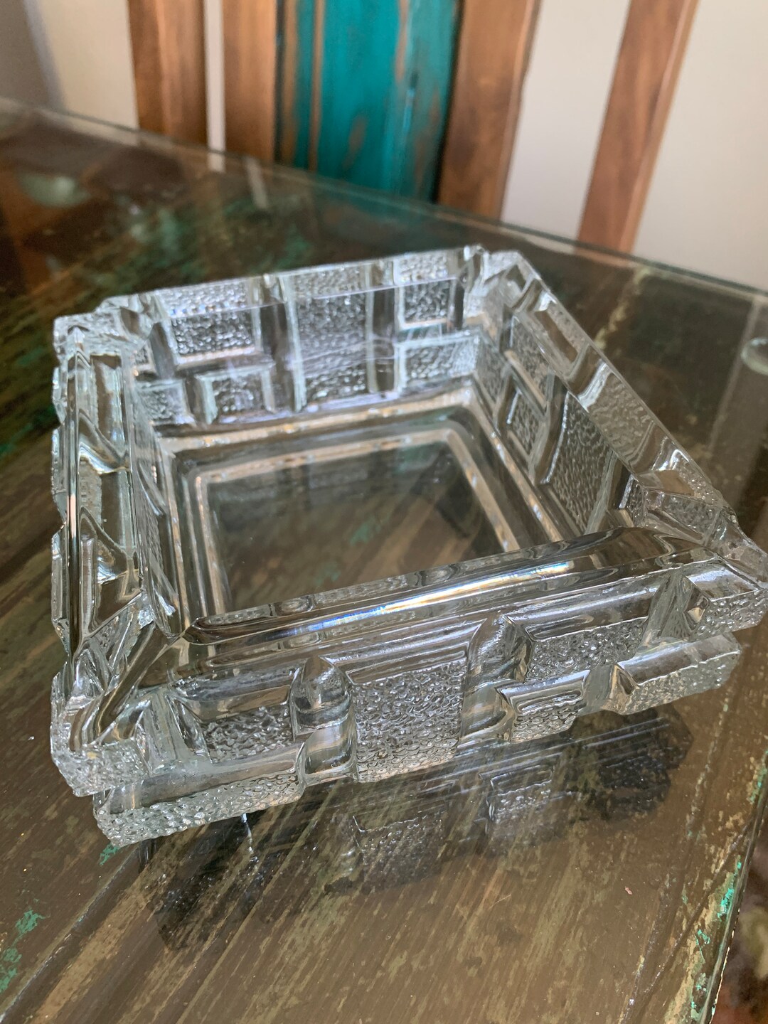 Pressed Art Glass Ashtray/ Mid-century Modernist "brick Work" /jiri ...