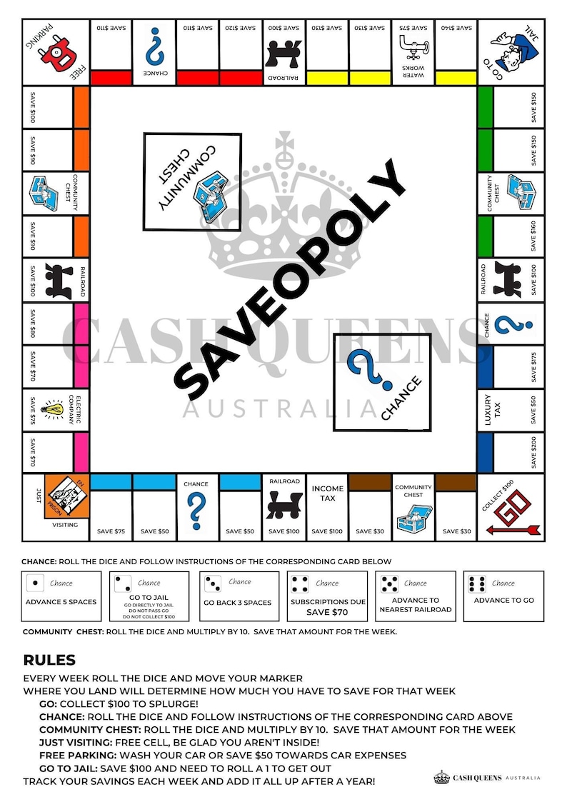Printable Saveopoly Savings Challenge | Savings Goal | Savings Tracker ...