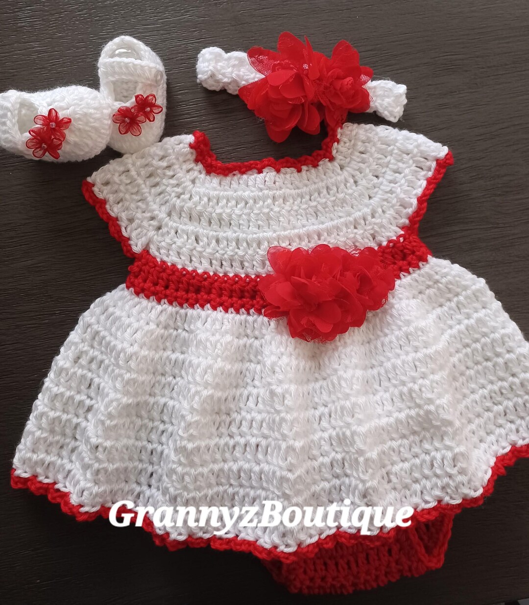 Baby Crochet White and Red Newborn Dress Set Baby Dress Headband ...
