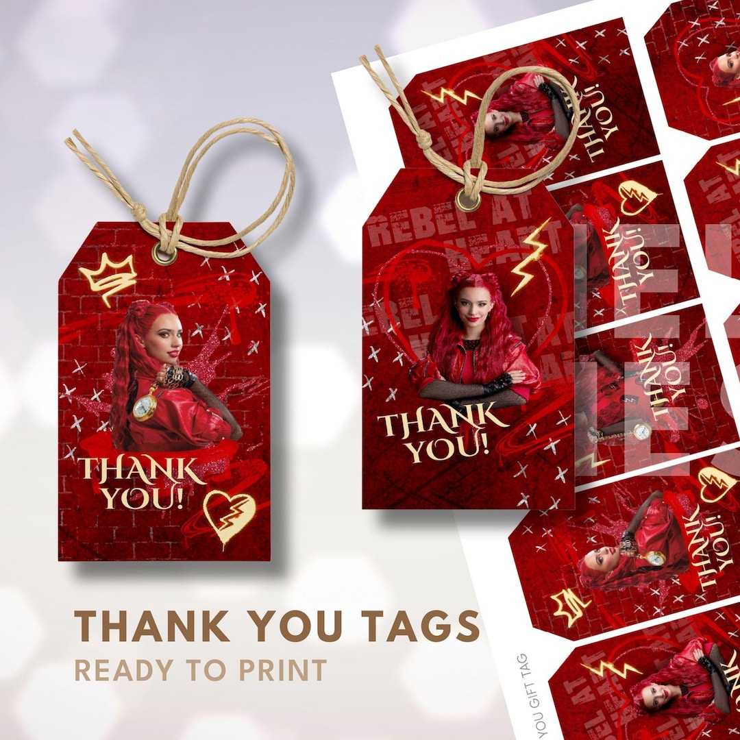 Descendants 4 Red Thank You Gift Tags, Birthday Party Favors, Instant ...