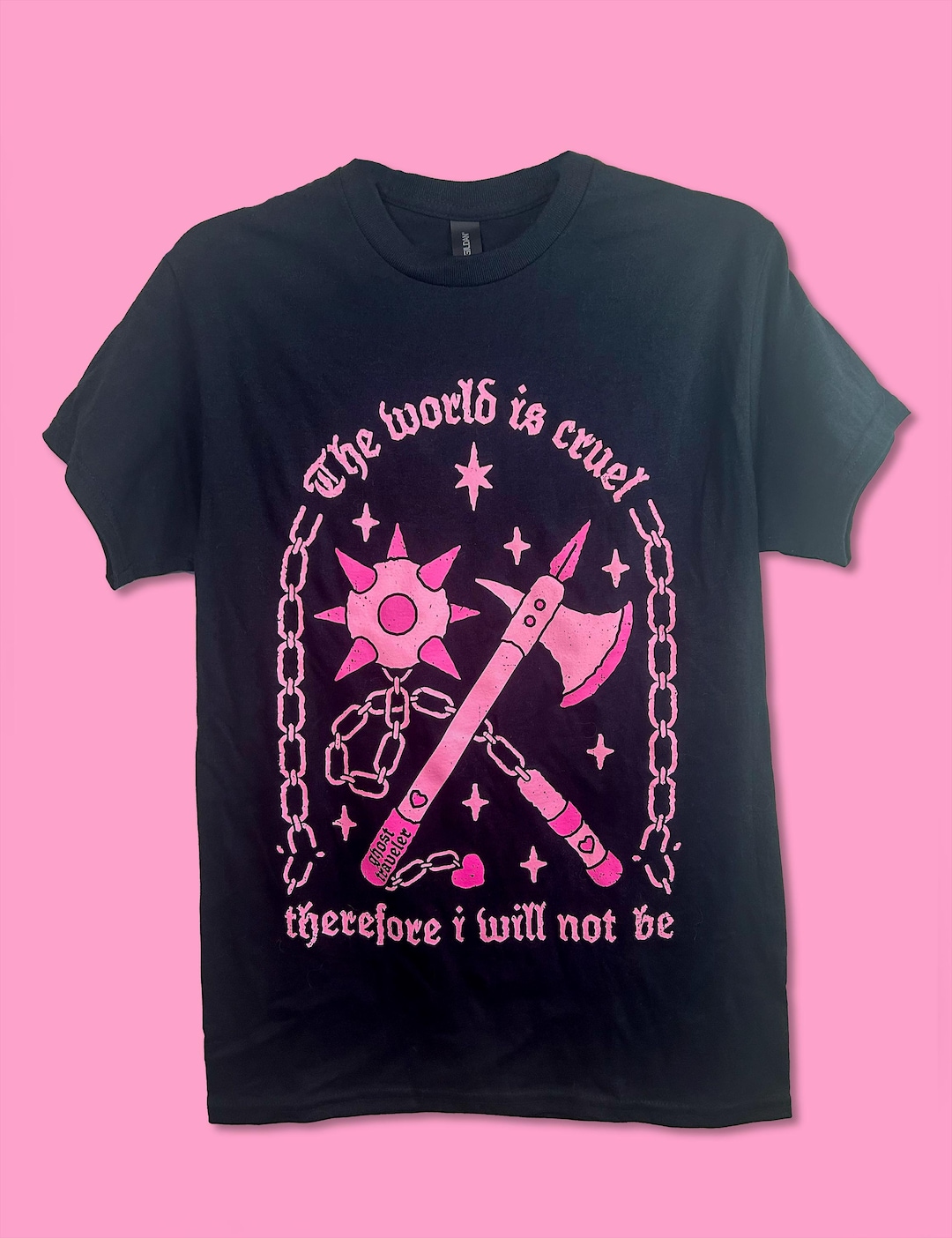 The World is Cruel T Shirt (PINK) | Medieval Weapons, Flail & Ax, Gift ...