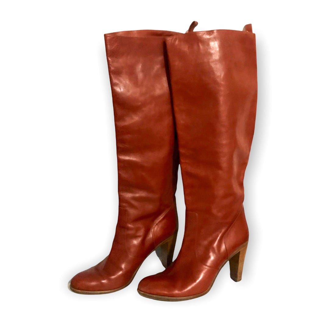 Michel Perry Tall Leather Boots, Size 38.5 EU, in Brick Brown Leather ...