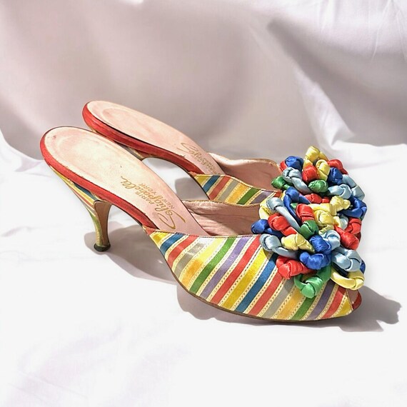 Vintage Schiaparelli Rainbow Stripe Satin Heels –1950… - Gem