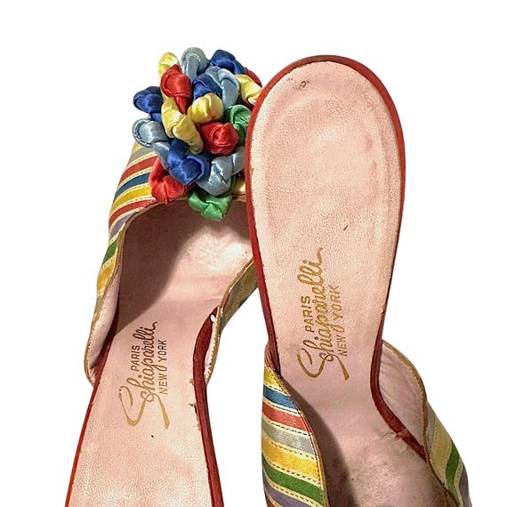 Vintage Schiaparelli Rainbow Stripe Satin Heels –1950… - Gem
