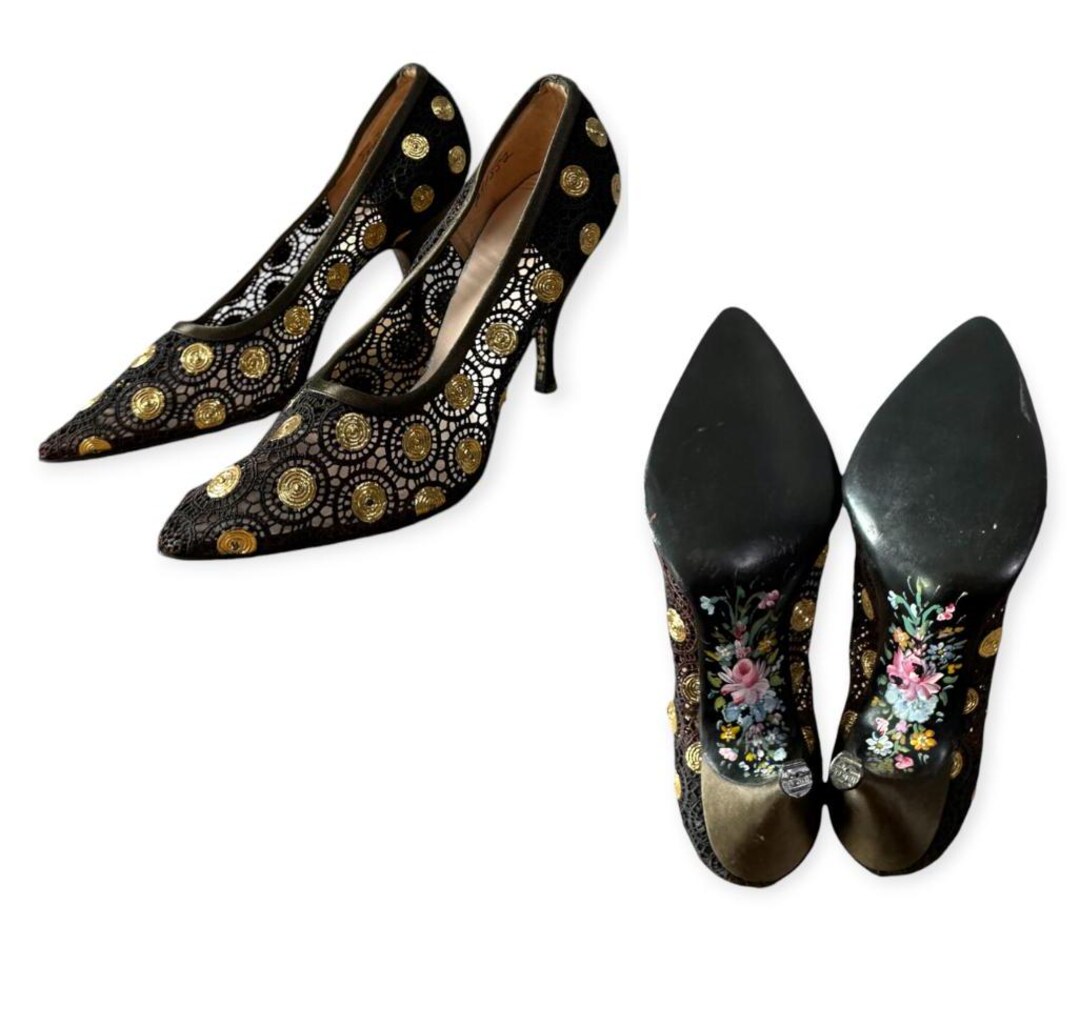 Rare Vintage David Evins Black Lace and Gold Appliqué Heels – Hand ...