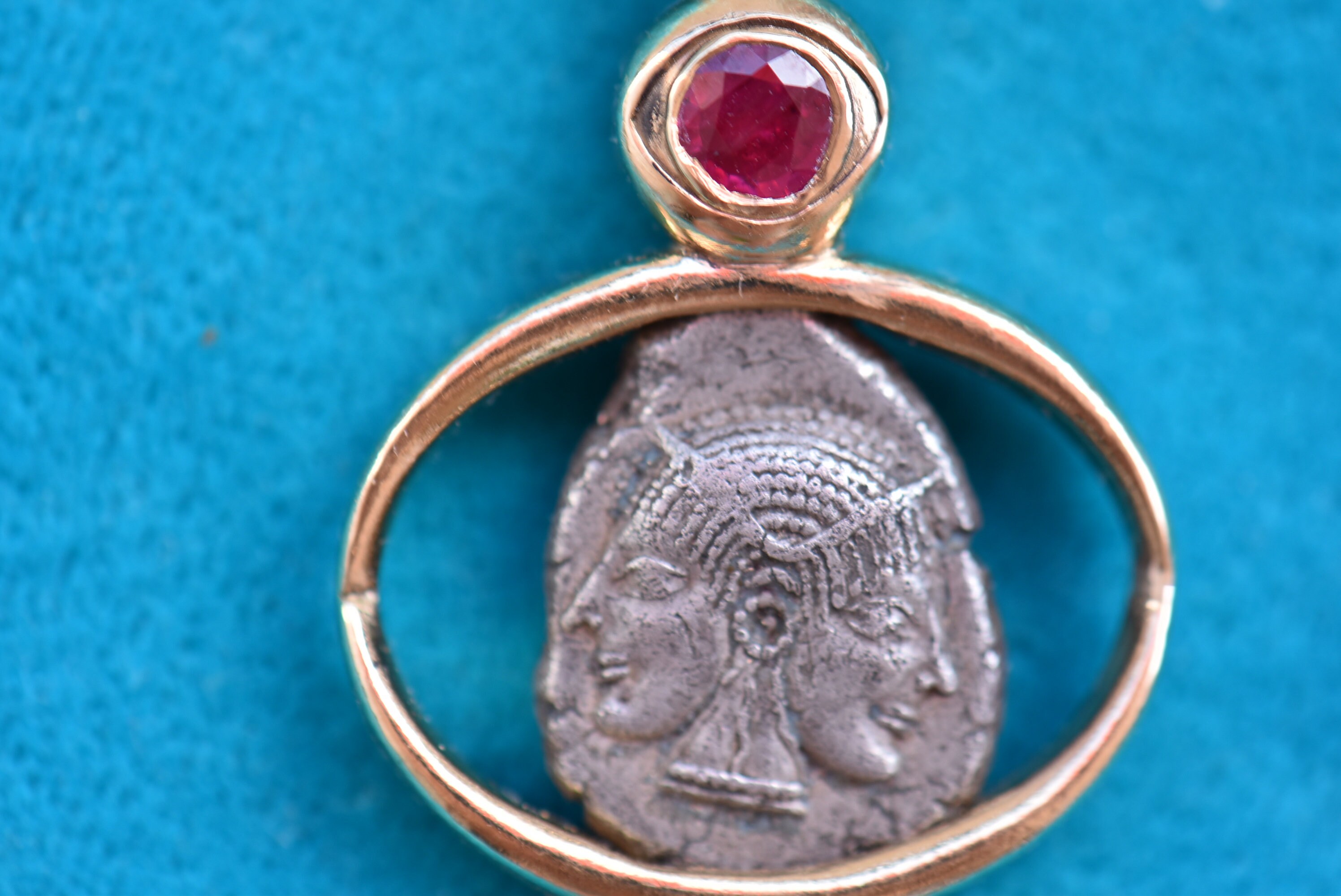RESERVED! Athena & Zeus-hera Medallion, Gold 21k, Diamond 0.51ct, Ruby ...