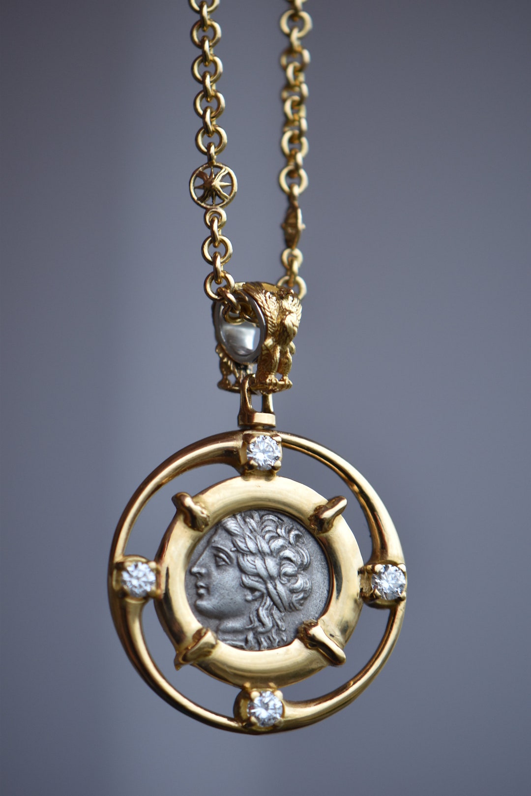 RESERVED! Apollo Medallion 21 Ct. Gold Ancient Coin Diamonds - Etsy