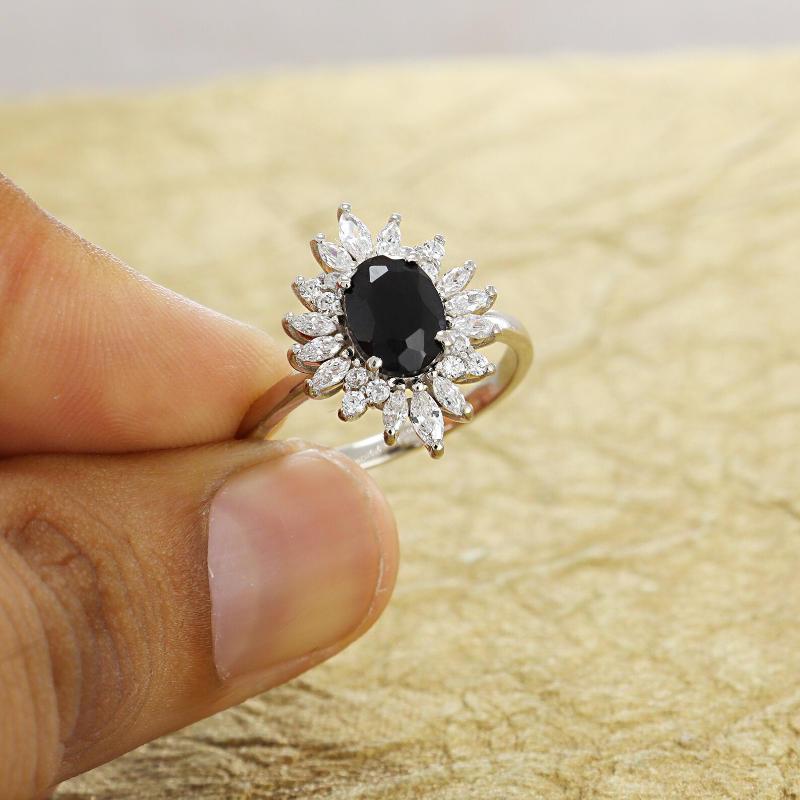 Natural Onyx Oval Ring Genuine Black Onyx Ring Onyx Ring Halo | Etsy