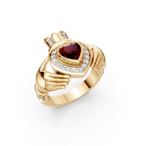 Claddagh Ring Women Gold Garnet Engagement Wedding Ring Heart Love and ...