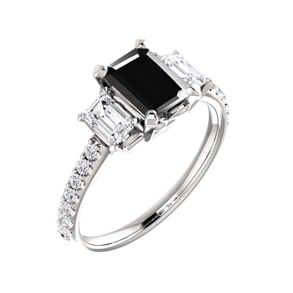 Black Onyx Emerald Cut Engagement Ring Three Stone Ring | Etsy