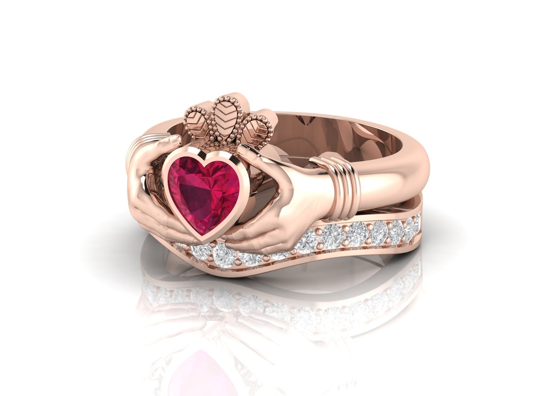Ruby Claddagh Ring Set Lab Created Ruby Engagement Ring Set - Etsy