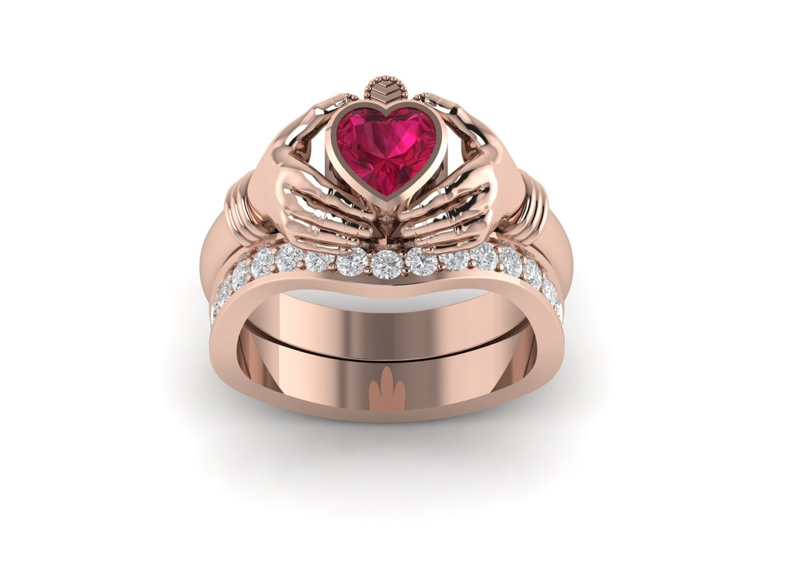Ruby Claddagh Ring Set Lab Created Ruby Engagement Ring Set - Etsy