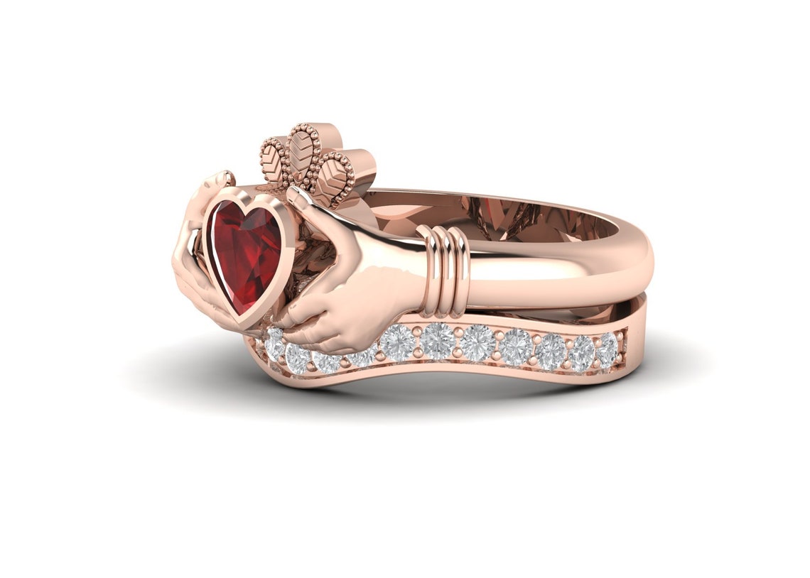 Garnet Claddagh Ring Set Engagement Wedding Ring Set Heart - Etsy