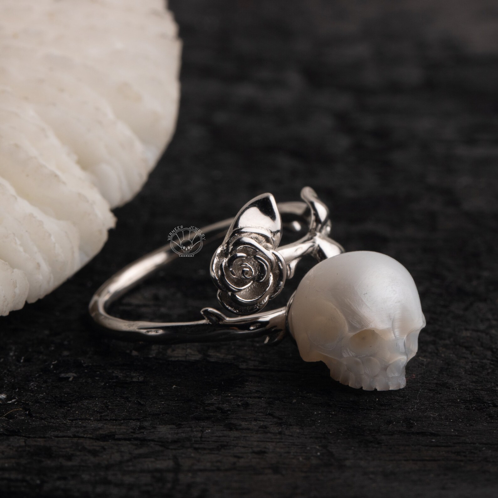 Rose Promise Ring Pearl Carved Skull Ring Freshwater Pearl - Etsy